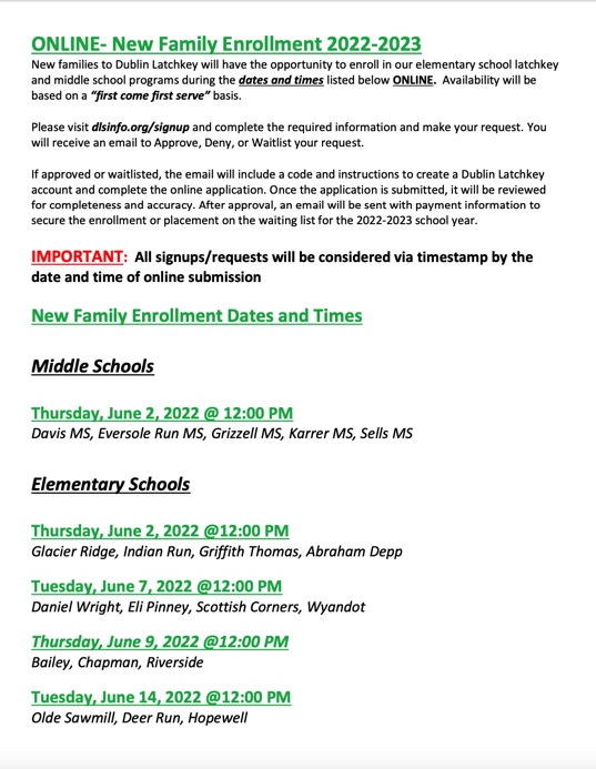 New Family Online Enrollment Dates and Times for 2022-2023 School Year ...